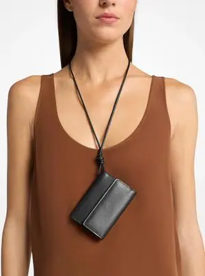 Michael Kors Leather Card Holder Necklace In By - Black