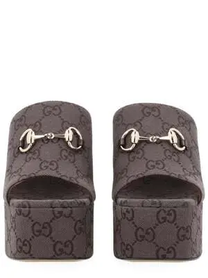 Gucci Fabric Wedge Sandal With Gg Pattern - Brown