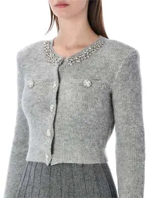 SELF-PORTRAIT Fluffy Knit Cardigan With Crystal Embellishments - Grey