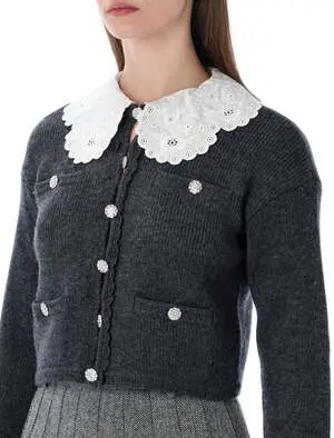 SELF-PORTRAIT Knit Cardigan With Broderie Anglaise Collar - Grey