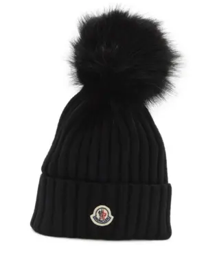 Moncler Ribbed Beanie With Fur Pom - Black