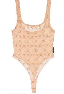 MARINE SERRE Moonogram Mesh Flock Squareneck Bodysuit - Camel