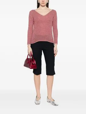 BEYOU Cashmere Striped V-neck Sweater - Ivory