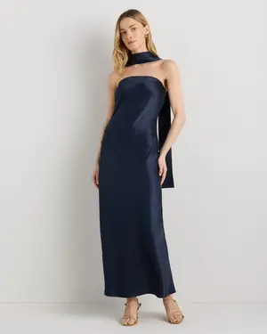 Quince Strapless Silk Maxi Dress With Scarf - Navy