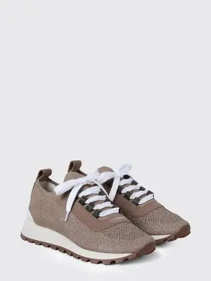 Brunello Cucinelli Cotton And Lurex Knit Lace Up Sneakers - Brown