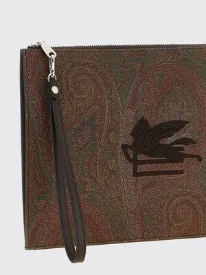 Etro Coated Cotton Paisley Print Document Holder Pouch With Leather Wrist Strap - Brown