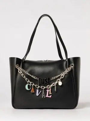 Just Cavalli Faux Leather Shoulder Bag With Embellished Logo Charm - Black