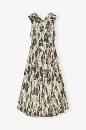 GANNI Printed Pleated Smock Midi Dress