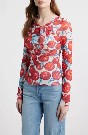 Farm Rio Printed Tulle Long Sleeve Top
