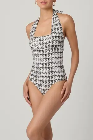Shoshanna Herringbone Halter One-piece - Jet/optic