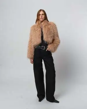 Apparis Ginette Cropped Faux Fur Jacket - Buff