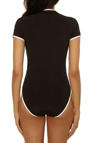 Trina Turk Contrast Binding Short Sleeve Rib One-piece Rashguard Swimsuit