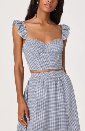 Astr The Label Floral Lace-up Crop Top - Blue Gingham