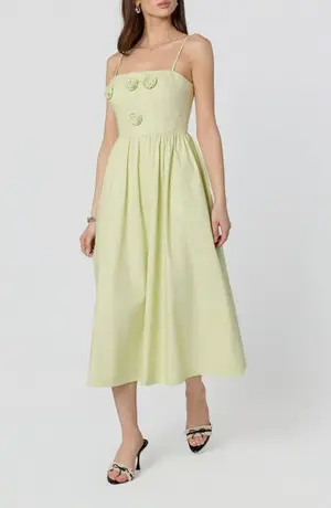 Astr The Label Silvie Floral Appliqué Midi Dress - Celery