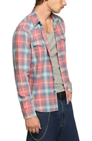 Lucky Brand Plaid Flannel Acid Wash Western Shirt