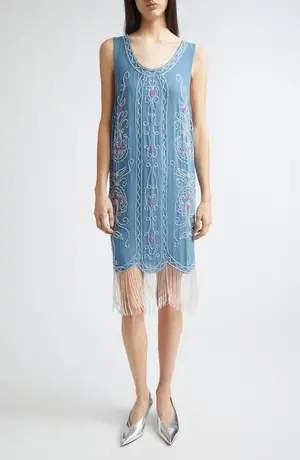 BODE Sea Flower Beaded Fringe Silk Dress - Blue Multi