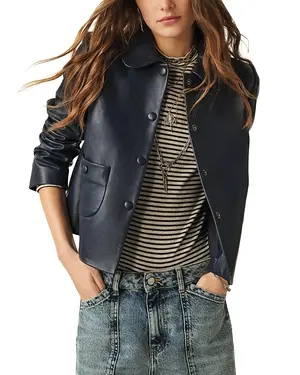 Ba&sh Leather Collared Jacket - Navy
