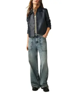Ba&sh Leather Collared Jacket - Navy
