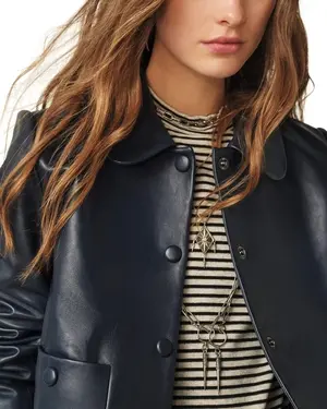 Ba&sh Leather Collared Jacket - Navy