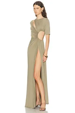 SID NEIGUM Gathered Slit Maxi Dress - Olive