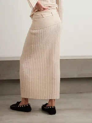 Guest In Residence Lia Layered Ribbed Cashmere And Linen-blend Midi Skirt - Neutrals