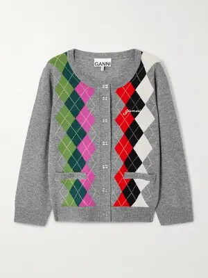 GANNI Logo-embroidered Argyle Merino Wool And Cashmere-blend Cardigan - Gray