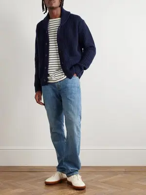 Hartford Shawl-collar Ribbed Wool Cardigan - Blue