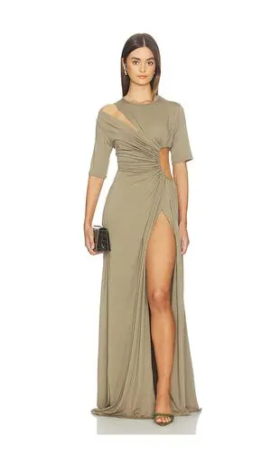 SID NEIGUM Gathered Slit Maxi Dress - Olive