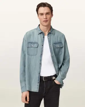 ALLSAINTS Gribbs Oversized Long Sleeve Shirt - Blue