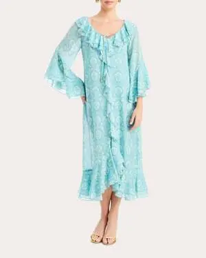 Mestiza New York Bimini Trellis Chiffon Ruffle Kaftan Midi Dress - Blue