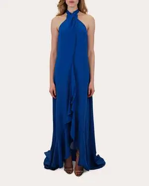 Azeeza Bari Crepe De Chine Halter Gown - Blue