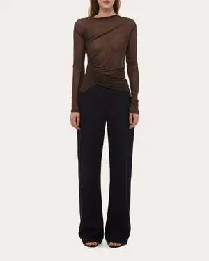 Helmut Lang Sheer Jersey Ruched Asymmetric Top - Brown