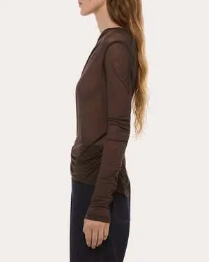 Helmut Lang Sheer Jersey Ruched Asymmetric Top - Brown