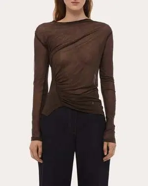 Helmut Lang Sheer Jersey Ruched Asymmetric Top - Brown
