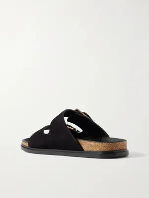 THE ROW Buckled Suede Slides - Black