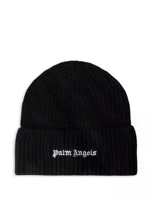 Palm Angels Logo Ribbed Beanie - Black