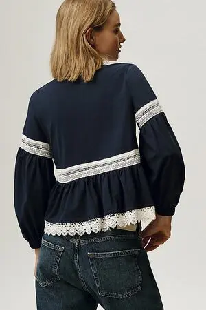 Maeve Lace Placket Blouse - Navy