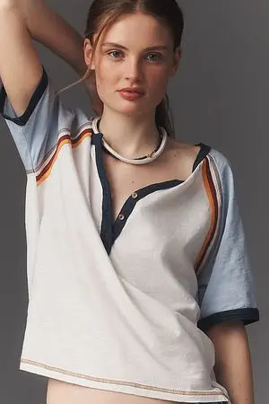 PILCRO 100% Cotton Henley Tee - Blue Pattern