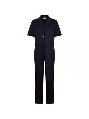 Liu Jo Dark V-neck Short Sleeve Button-up Jumpsuit With Lapels And Pocket - Blue