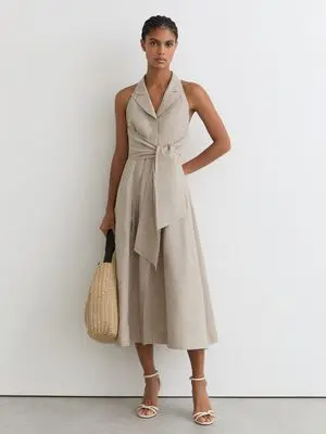 REISS Linen Midi Dress - Neutral