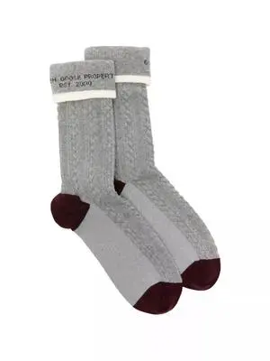 GOLDEN GOOSE Ribbed Crew Socks With Burgundy And Cream Details - Grey