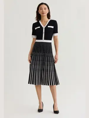 Misook Fit & Flare Two-tone Knit Midi Dress - Black