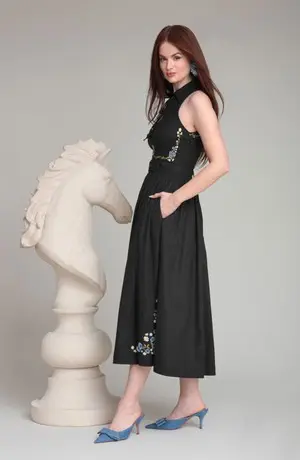 Avec Les Filles Placed Floral Embroidery Dress