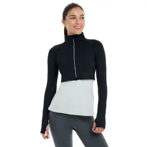 BLOQUV Long Sleeve Full Zip Crop Top Sun Shirt For Uv Protection - Black