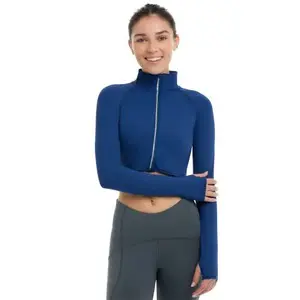 BLOQUV Long Sleeve Full Zip Crop Top Sun Shirt For Uv Protection - Navy