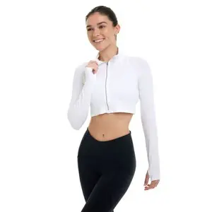 BLOQUV Long Sleeve Full Zip Crop Top Sun Shirt For Uv Protection - White