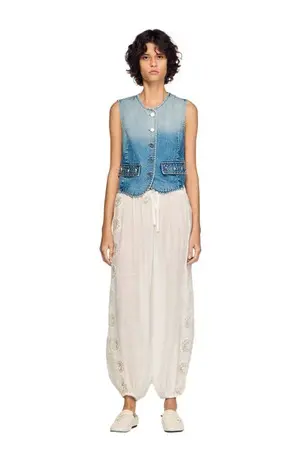 Sandro Crinkled Wide-leg Trousers With Lace - White