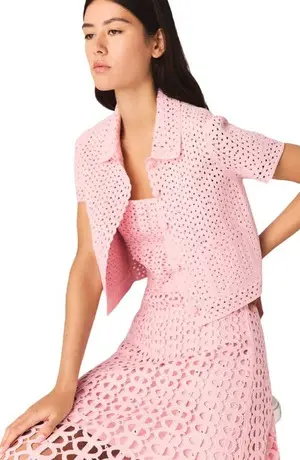 Maje Cropped Crochet Rhinestone Cardigan