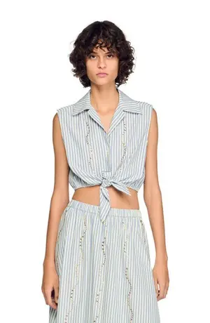Sandro Striped Rhinestone Shirt - Blue