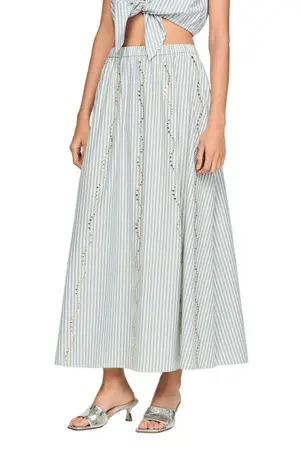 Sandro Rhinestone Striped Flared Long Skirt - Blue